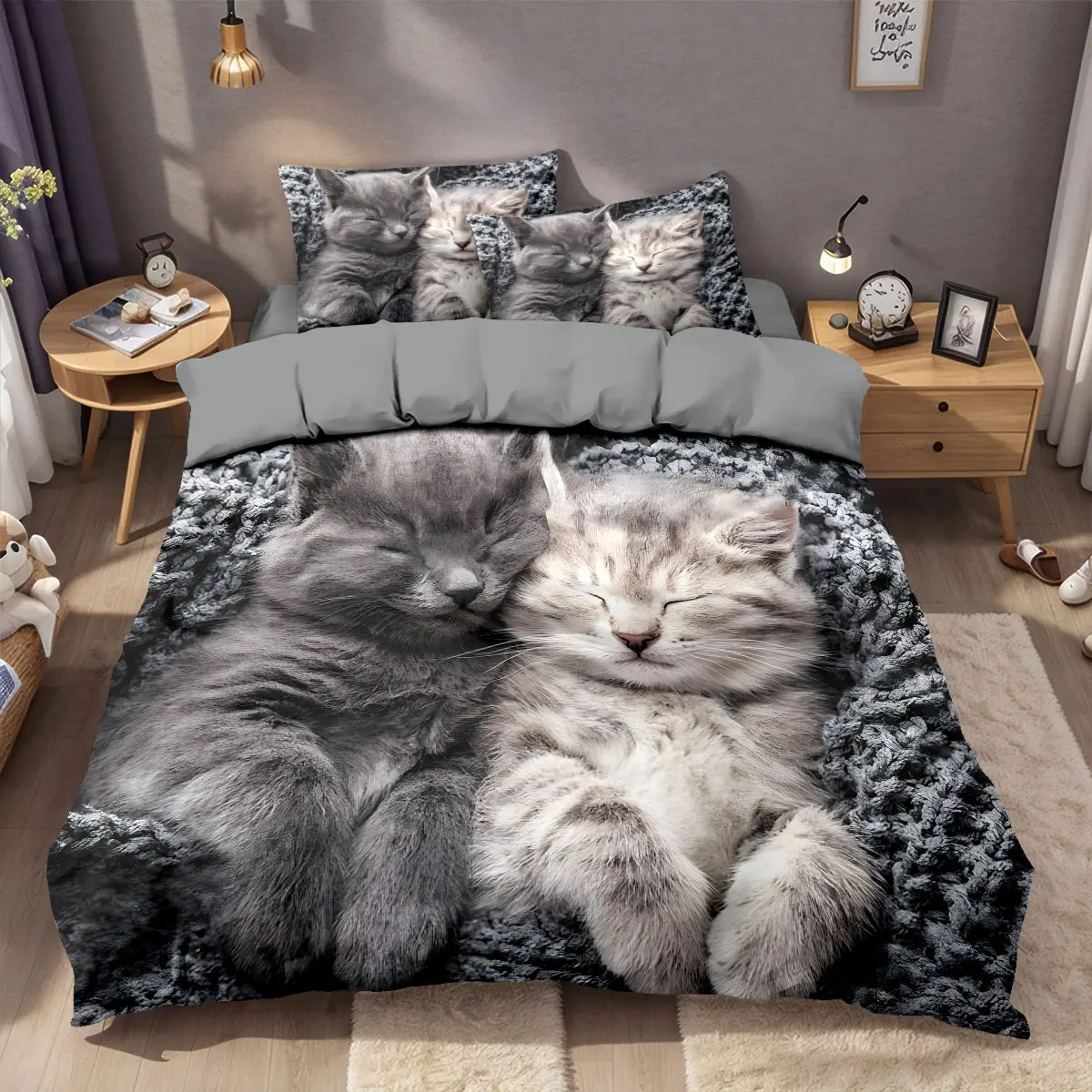 3pcs High-Grade Couple Cat Print Bedding Set, Soft Bedding Sets, Soft ...